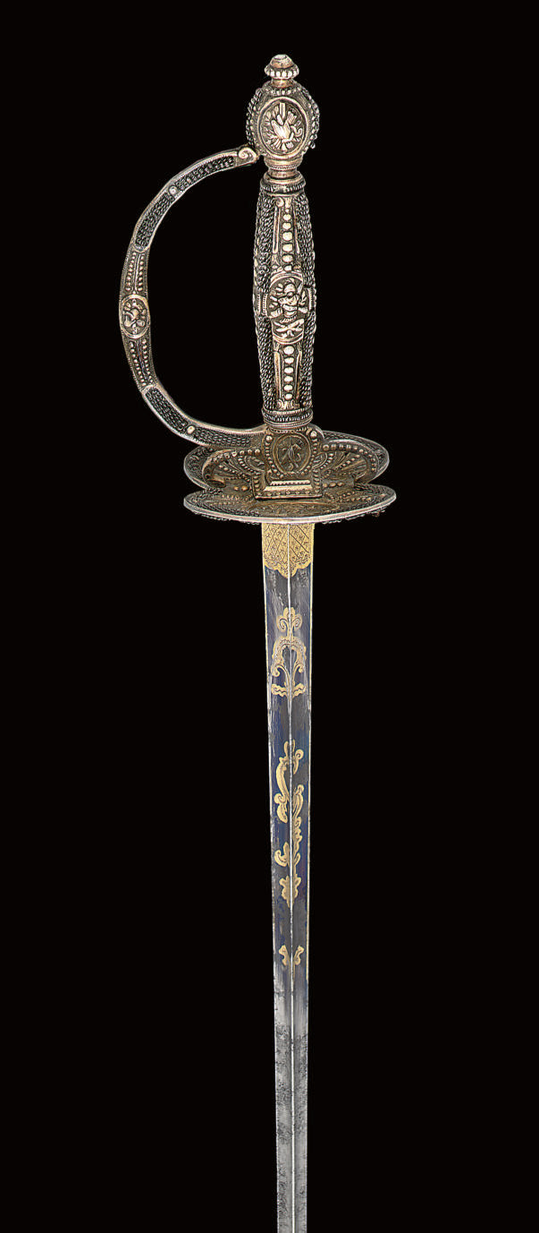 AN UNUSUAL FRENCH SILVER-GILT SMALL-SWORD, THE HILT INSET WITH OPENWORK ...