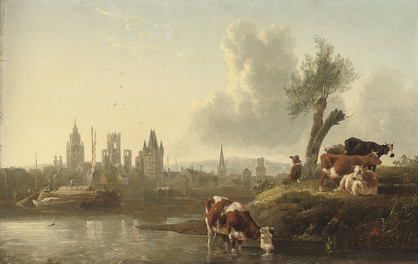 Follower of Aelbert Cuyp , A river landscape with cattle watering, a ...