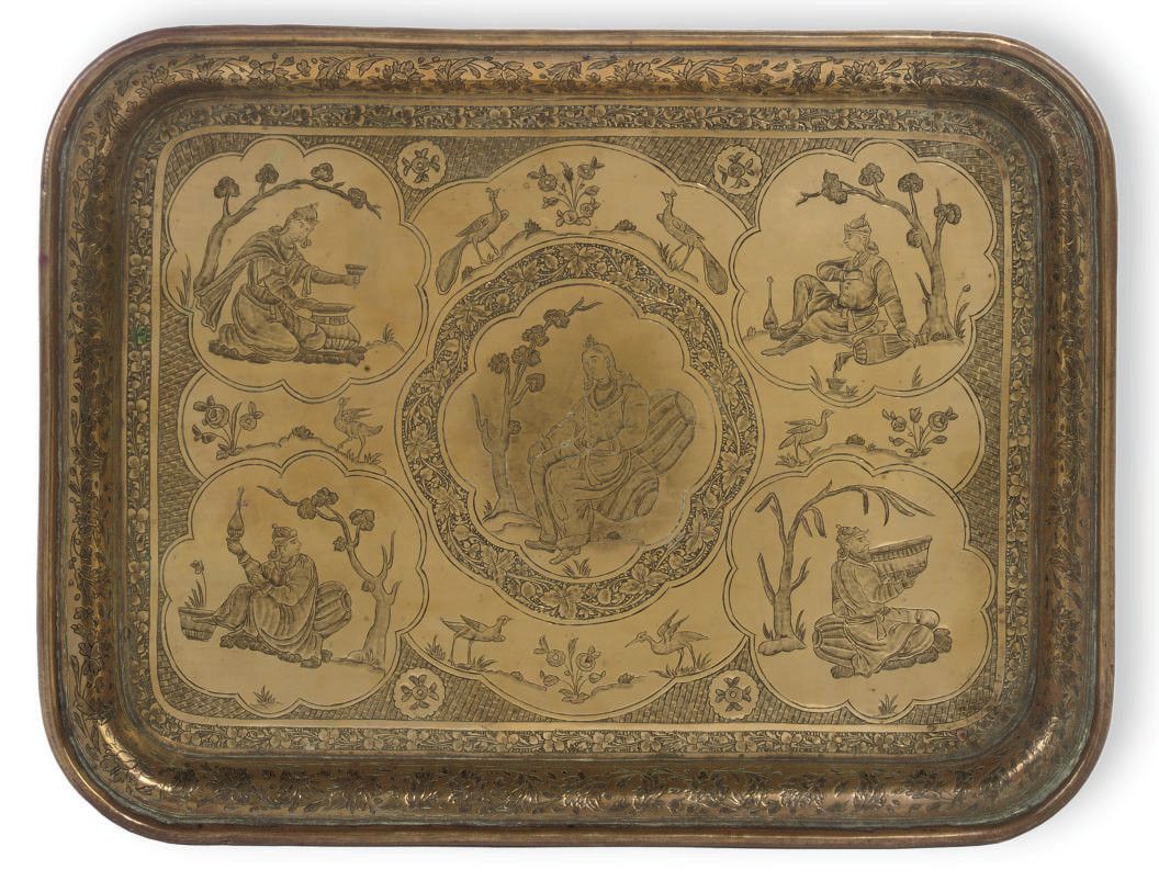A PERSIAN ENGRAVED BRASS TRAY DEPICTING SCENES FROM THE RUBAIYAT OF ...