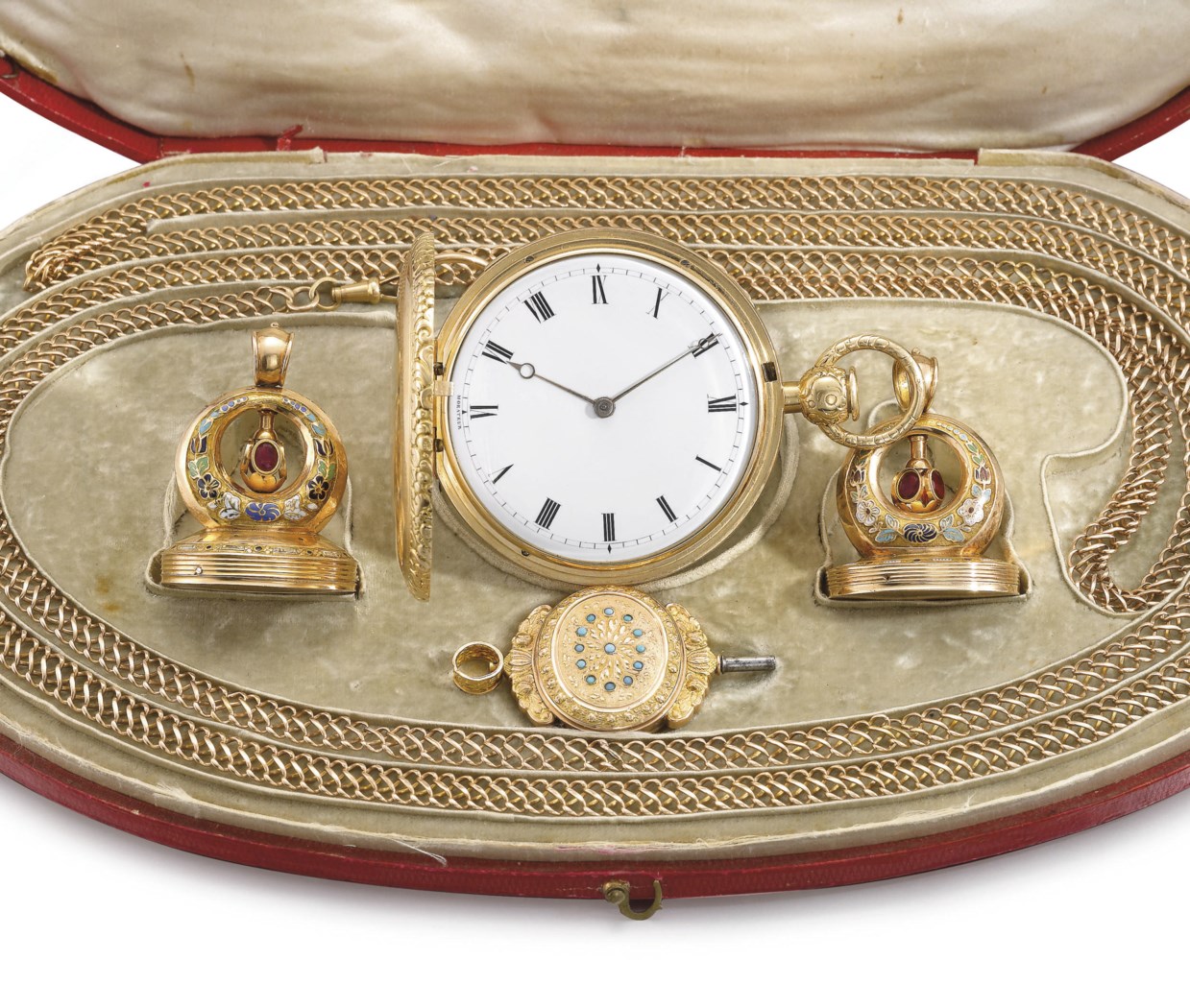 Foucaud. A fine and unusual set comprising an 18K gold hunter case two ...
