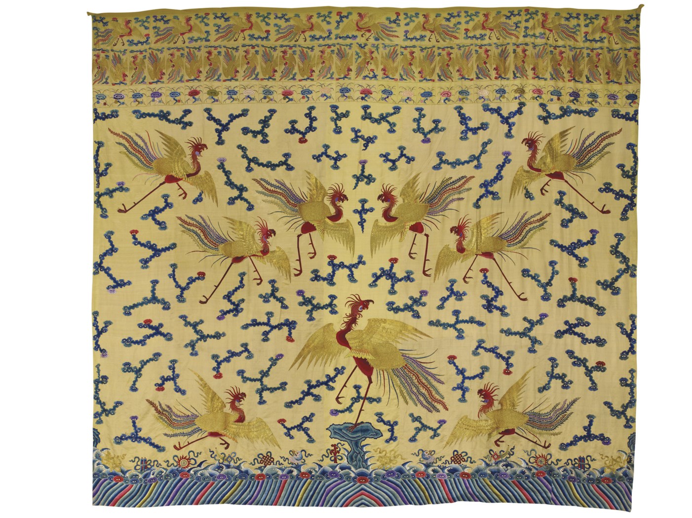 A EXCEPTIONALLY LARGE IMPERIAL YELLOW EMBROIDERED SILK 'PHOENIX ...