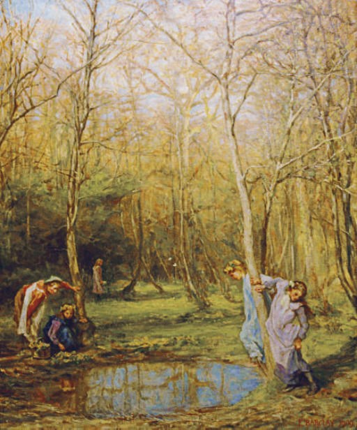 Edgar Barclay (British, 1842-1913) , Kingcups: Girls in a forest in ...