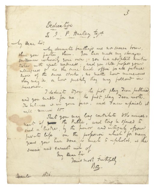 [DICKENS, Charles]. Autograph manuscript signed ("Boz"), the ...