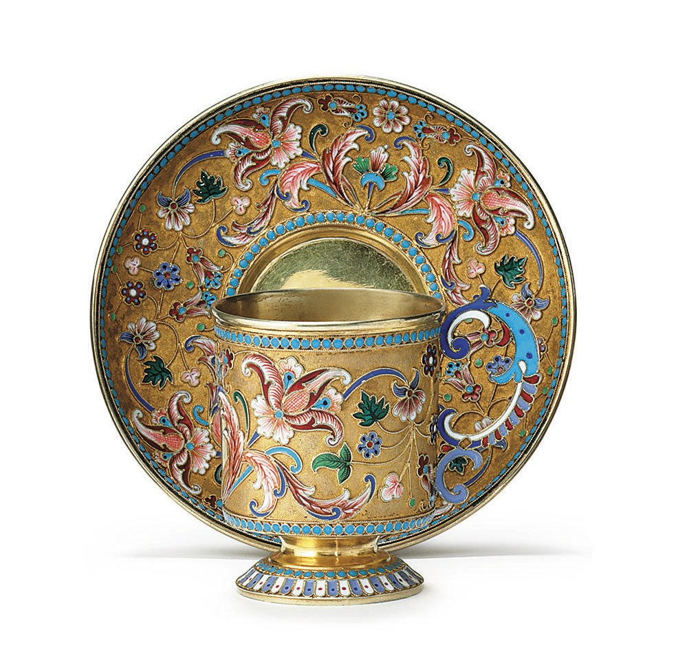 A Silver-Gilt and Cloisonné Enamel Tea Cup and Saucer