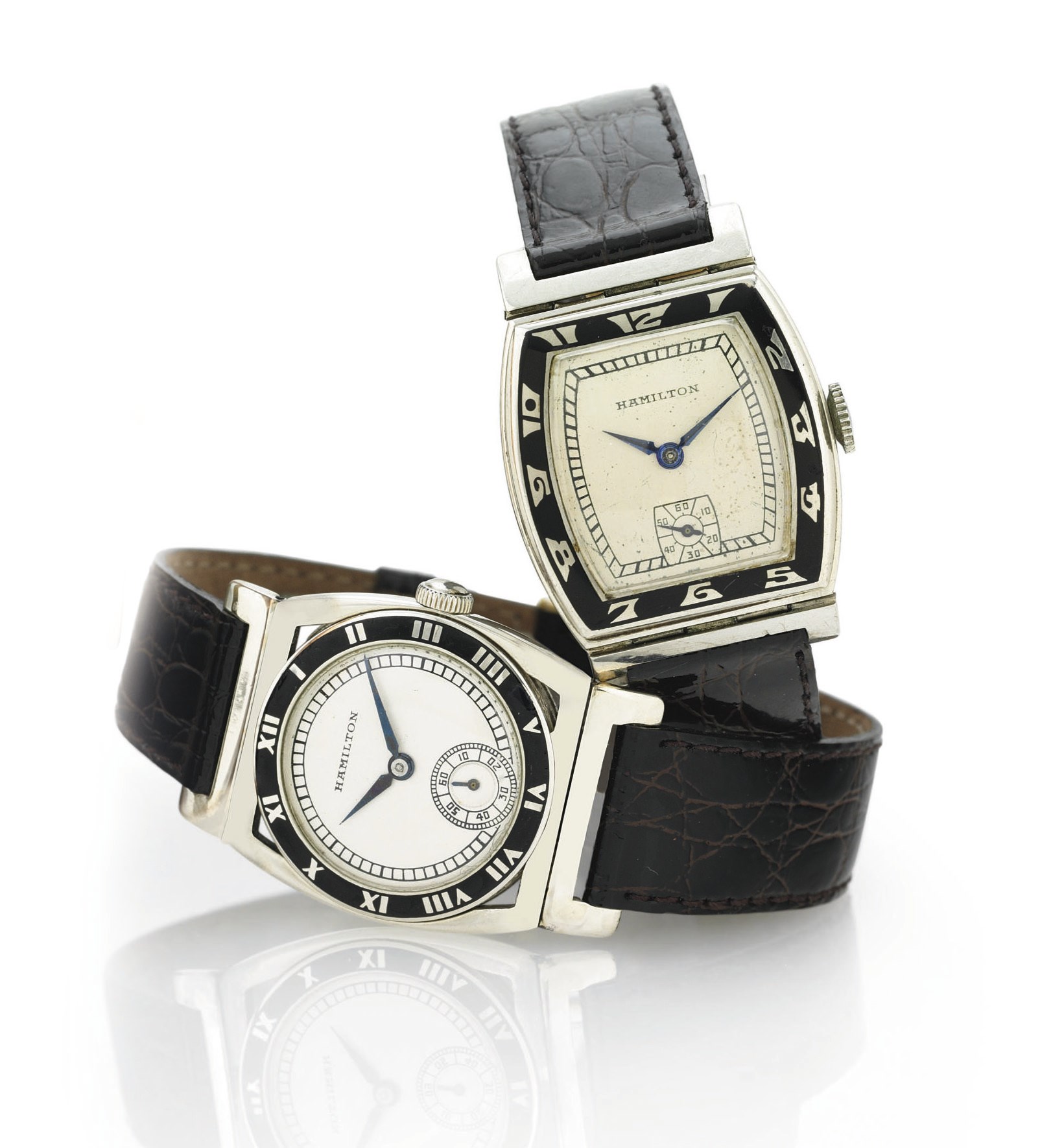 HAMILTON. A GROUP OF TWO RARE 14K WHITE GOLD AND ENAMEL WRISTWATCHES ...