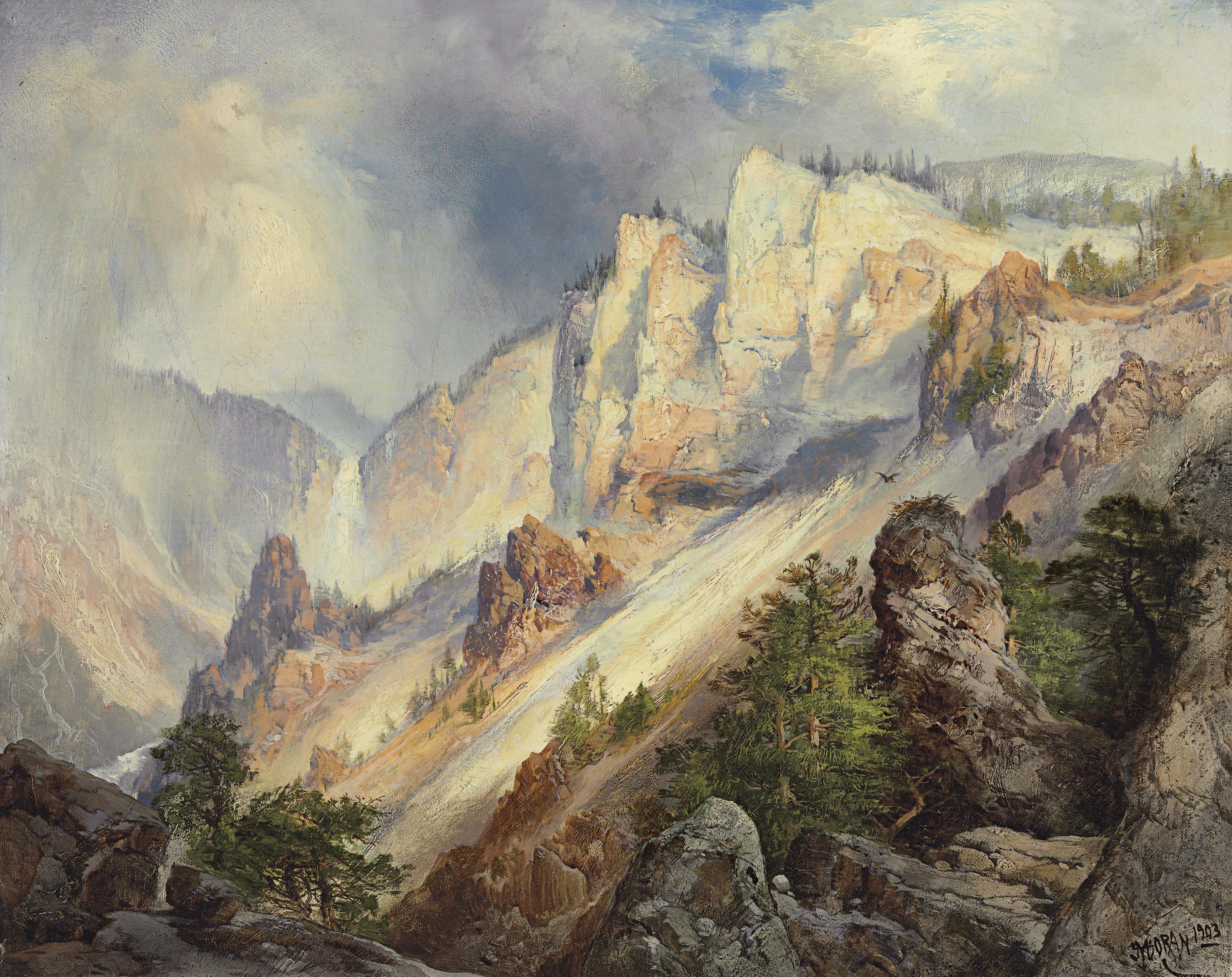 Thomas Moran (1827-1926) , A Passing Shower in the Yellowstone Cañon ...