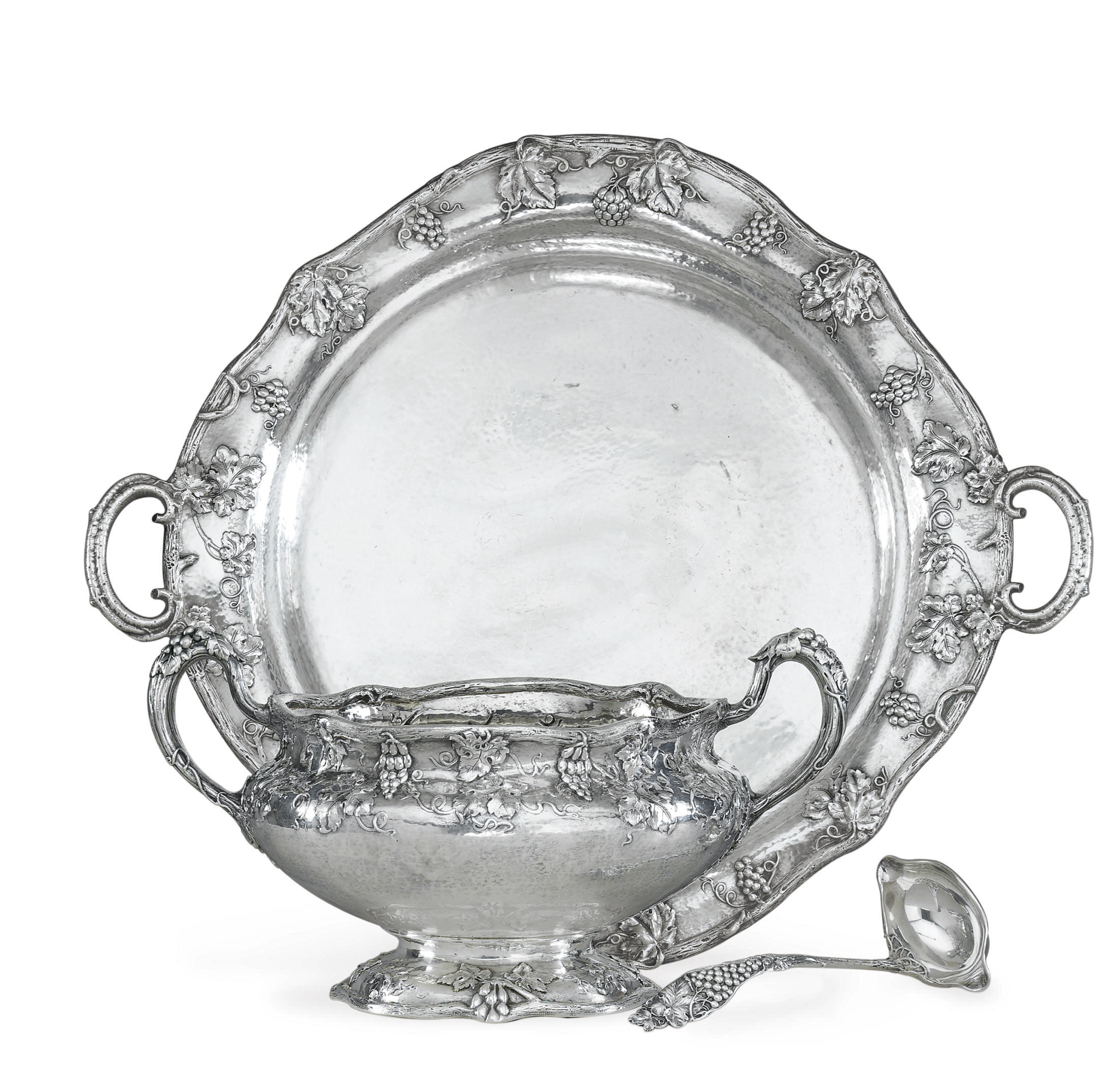 AN AMERICAN SILVER PUNCH BOWL, TRAY AND LADLE