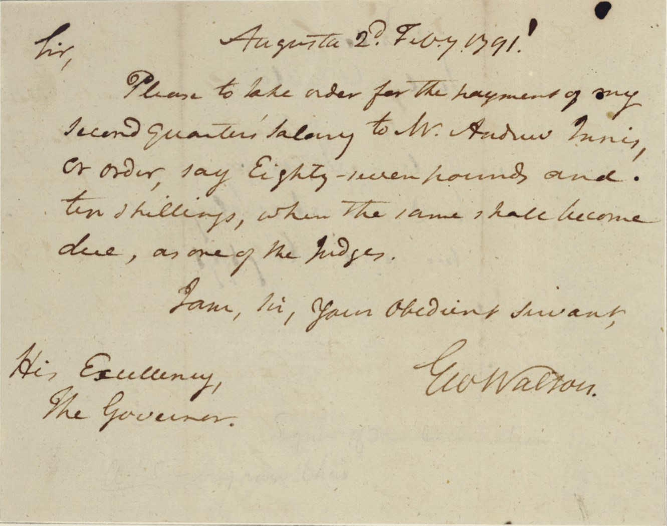 WALTON, George (1749 -1804), Signer (Georgia). Autograph letter signed ...