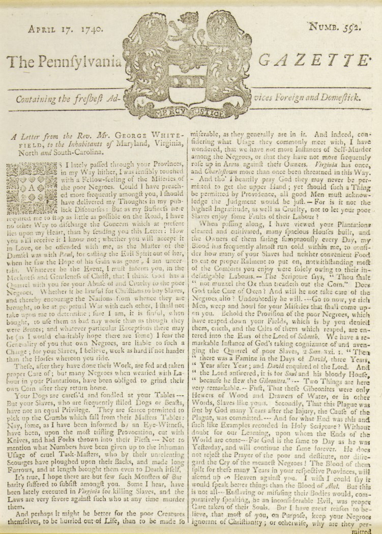 [FRANKLIN, Benjamin]. WHITFIELD, George (1714-1770). Letter to the ...