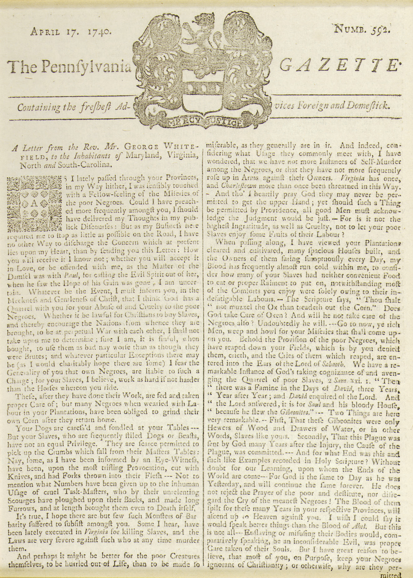 [FRANKLIN, Benjamin]. WHITFIELD, George (1714-1770). Letter to the ...