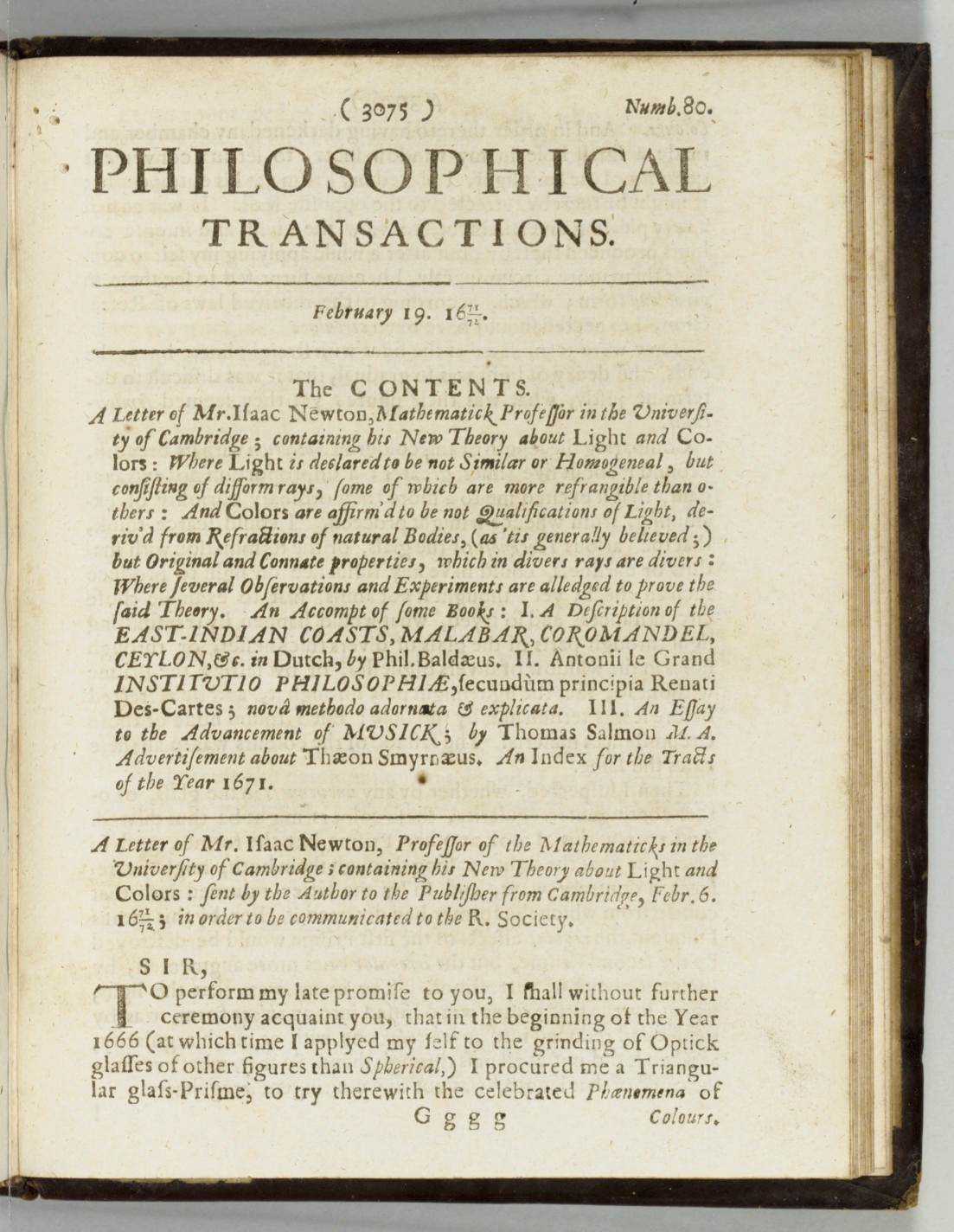 NEWTON, Sir Isaac (1642-1727, knighted 1705). "A Letter of Mr. Isaac ...