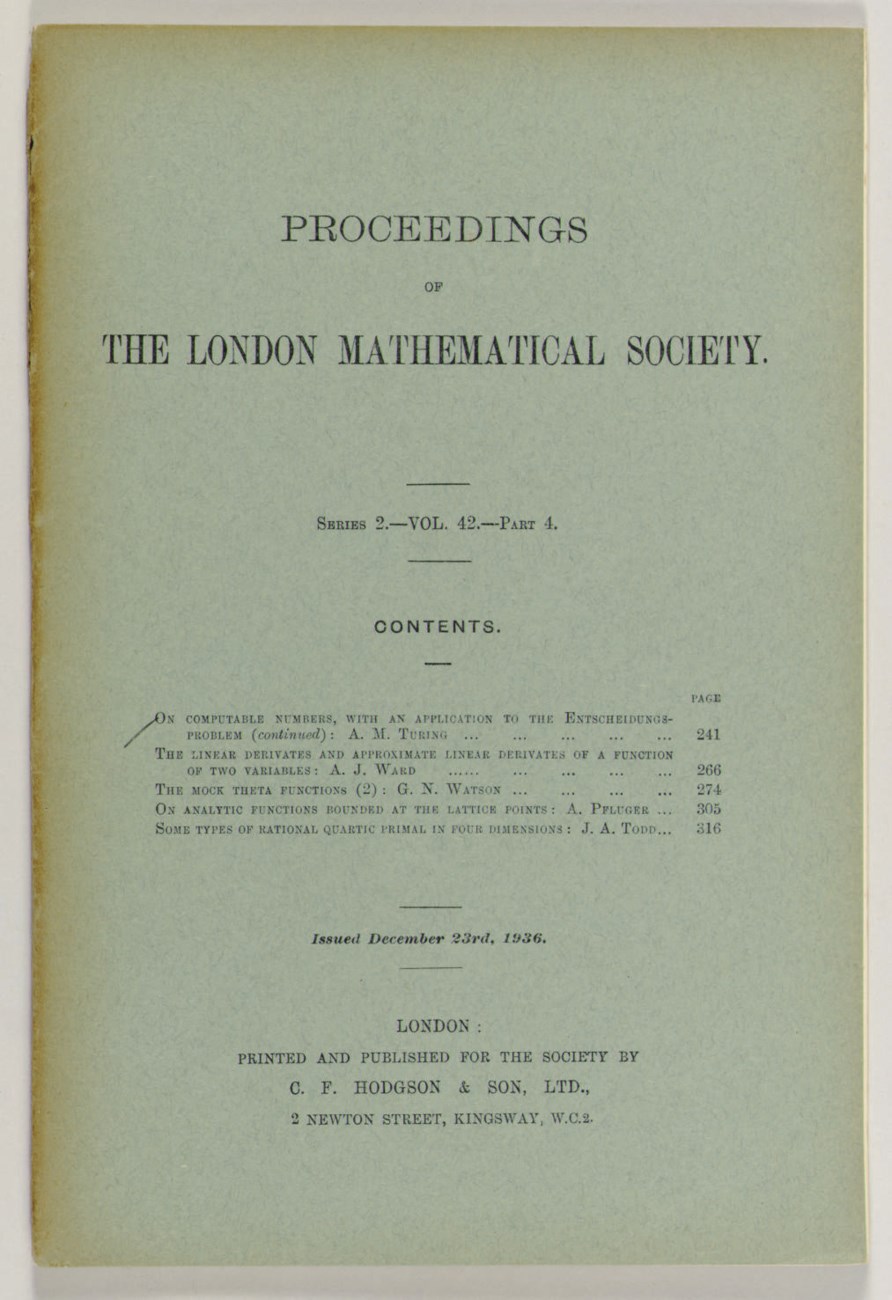 TURING, Alan Mathison (1912-1954). "On computable numbers, with an ...