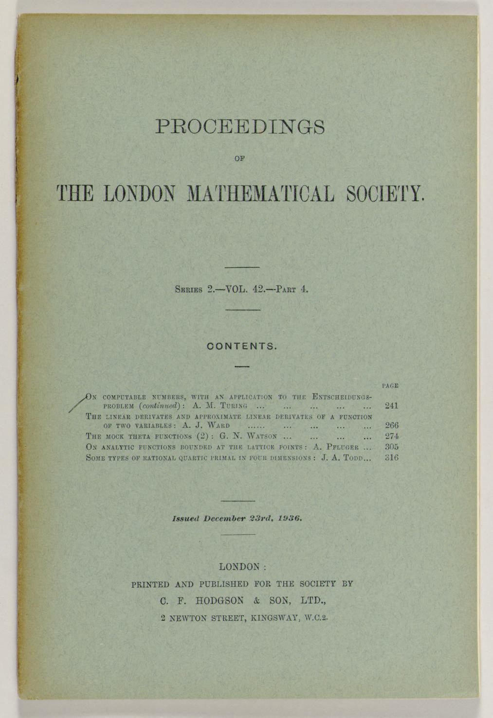 TURING, Alan Mathison (1912-1954). "On computable numbers, with an ...