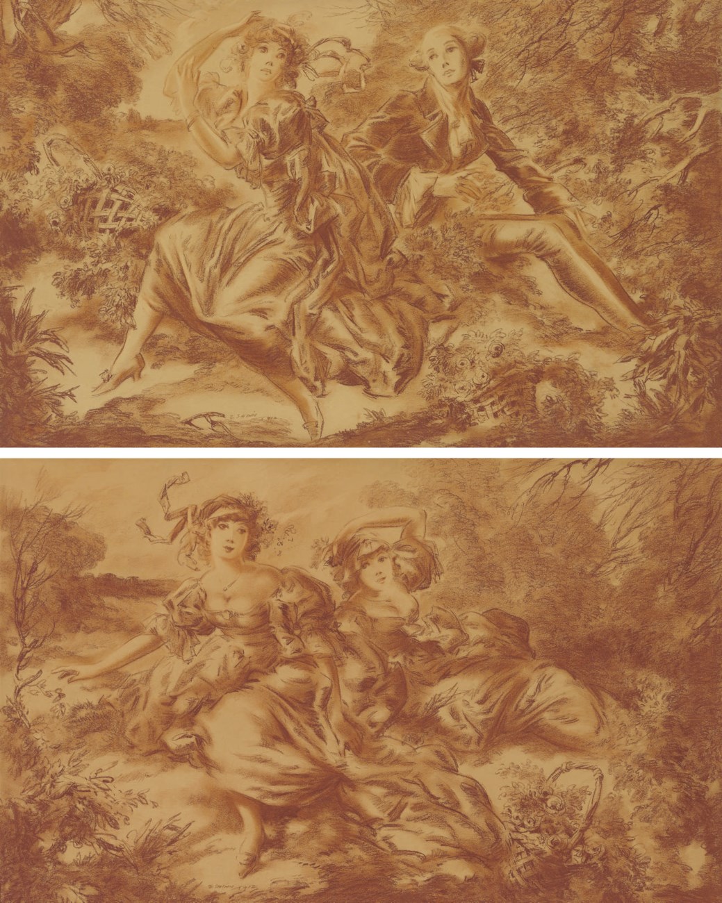 Everett Shinn (1876-1953) , Lovers in a Park; and Two Beauties in a ...