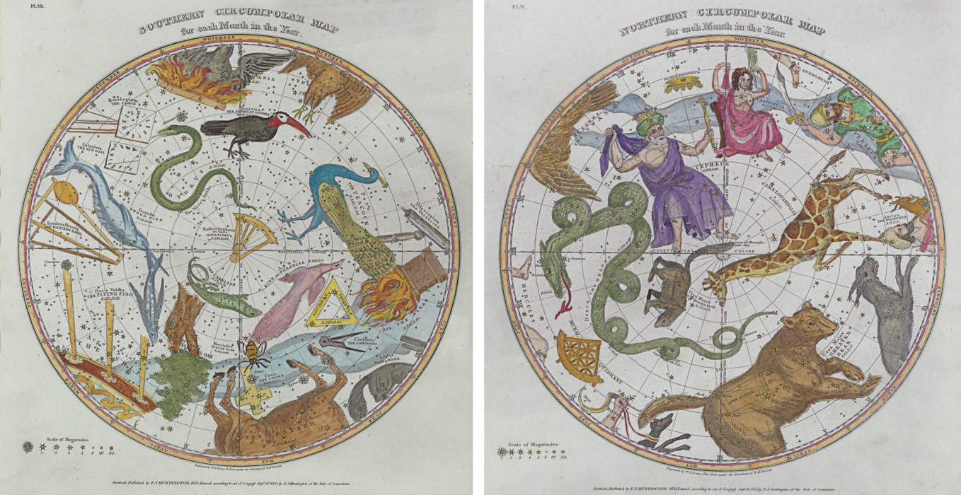 A set of six framed hand-colored celestial charts , F.J. HUNTINGTON ...