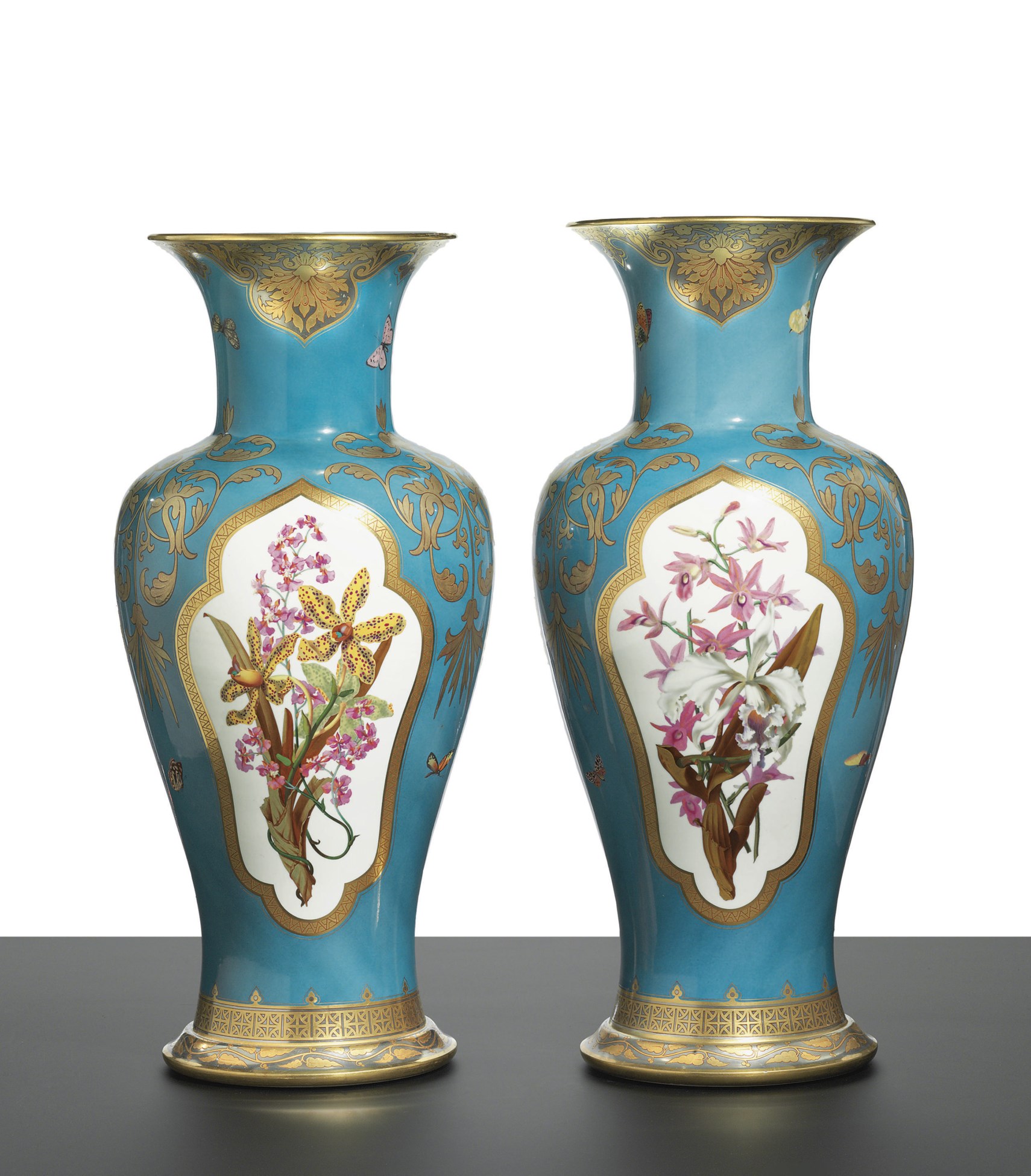 A PAIR OF SEVRES (SECOND EMPIRE) TURQUOISE-BLUE AND PLATINUM GROUND ...