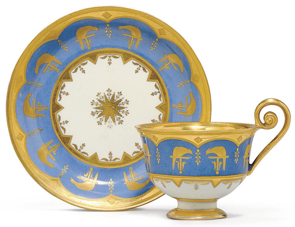 A VIENNA BLUE-GROUND TEACUP AND SAUCER , CIRCA 1811, BLUE BEEHIVE AND ...