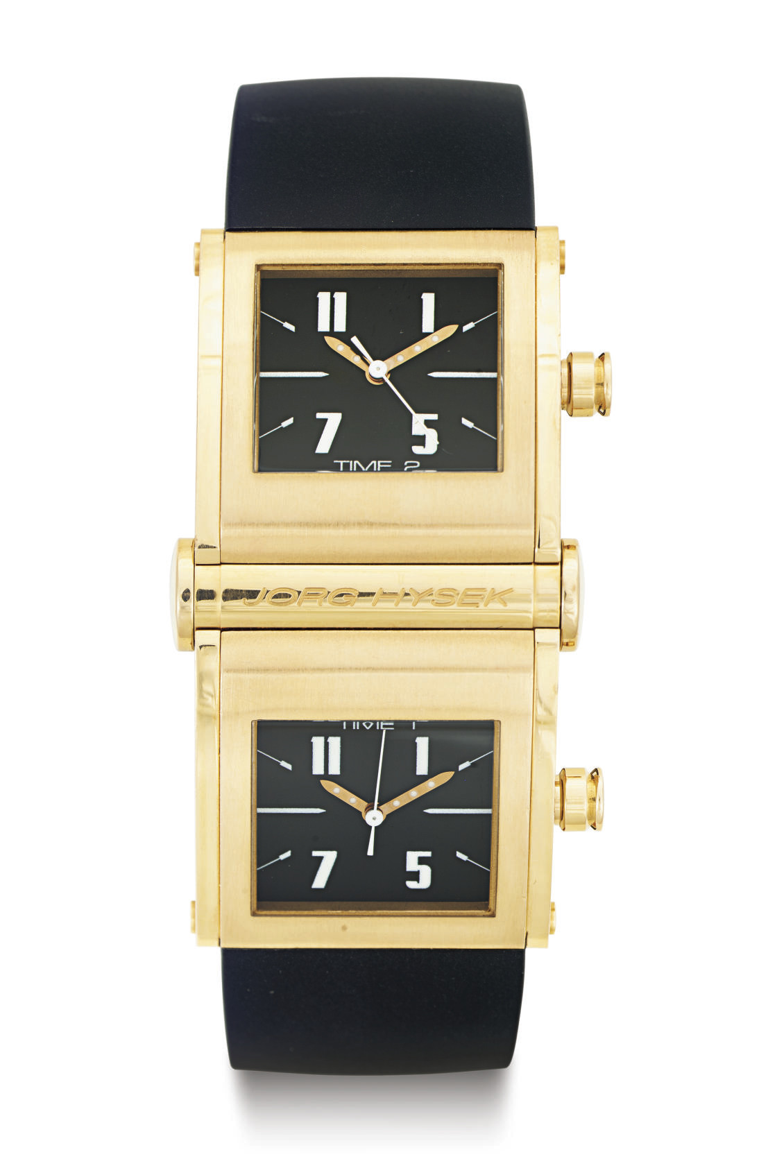 JORG HYSEK. A LIMITED EDITION 18K GOLD DOUBLE-DIALED DUAL TIME WRISTWATCH