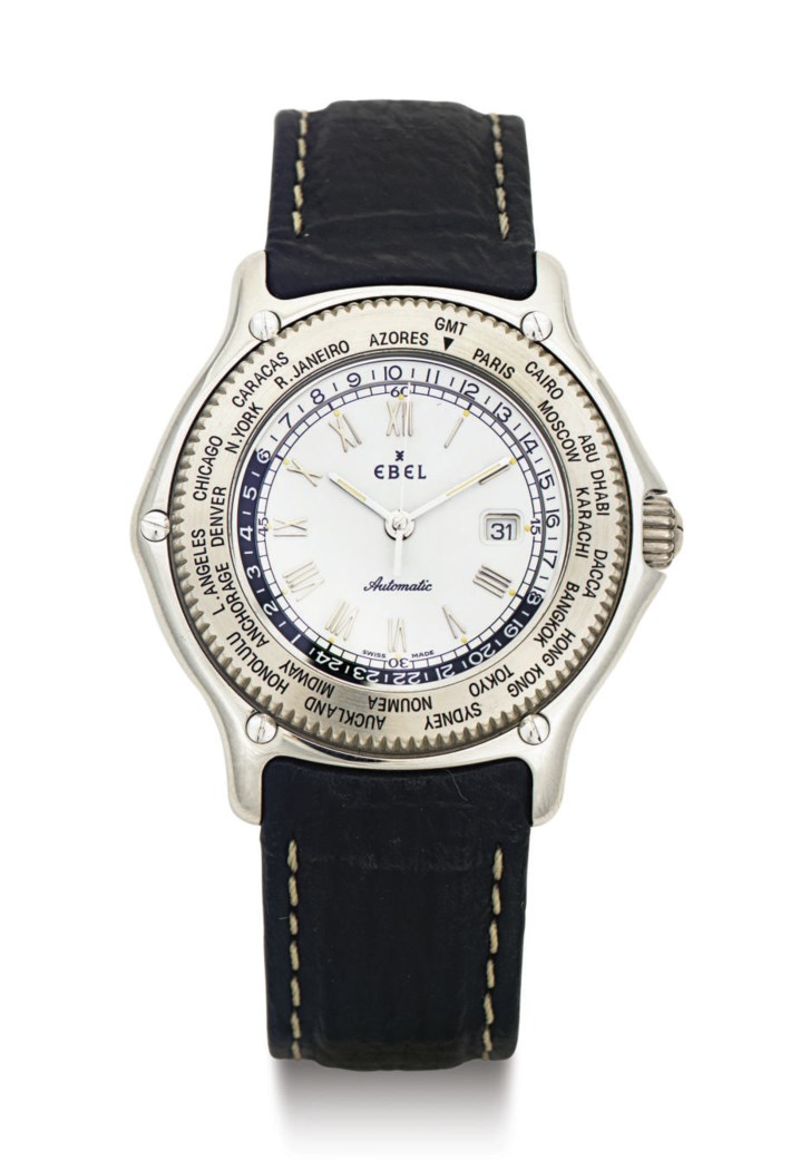 EBEL. A FINE PLATINUM AUTOMATIC WORLD TIME WRISTWATCH WITH CENTER ...