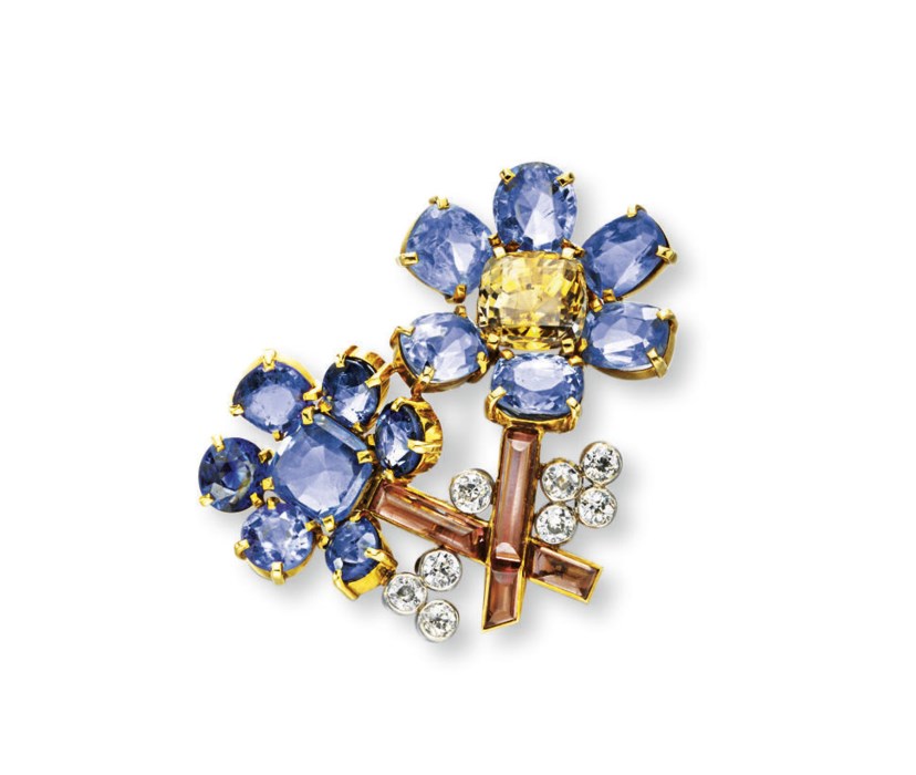 A MULTI-COLORED SAPPHIRE, TOURMALINE AND DIAMOND FLOWER BROOCH, BY ...
