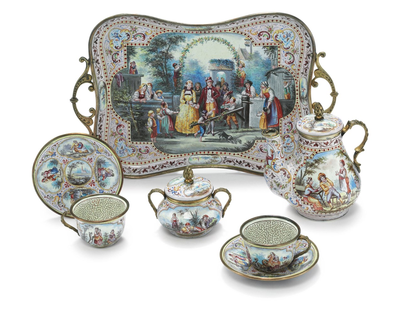 A VIENNESE SILVER AND ENAMEL MINIATURE TEA SERVICE , MARK OF LUDWIG ...
