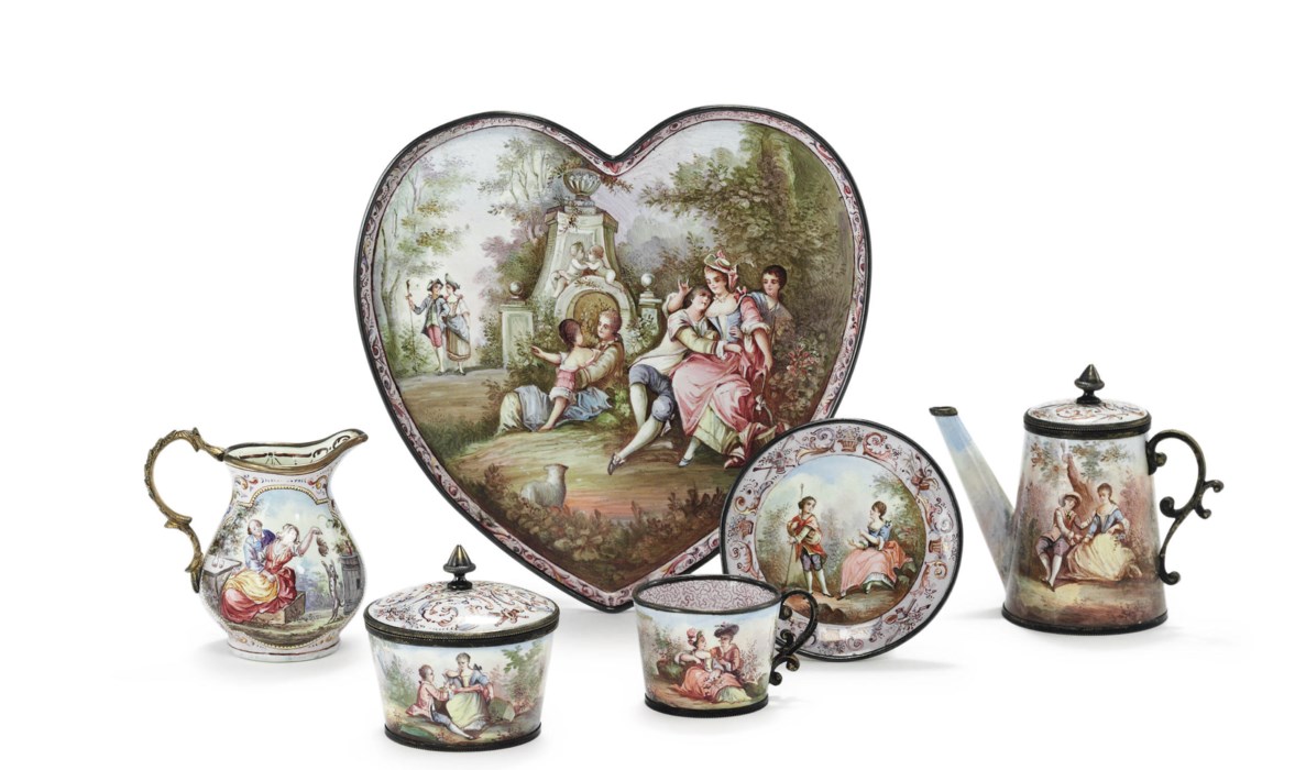 A VIENNESE SILVER AND ENAMEL MINIATURE TEA SERVICE , MARK OF LUDWIG ...
