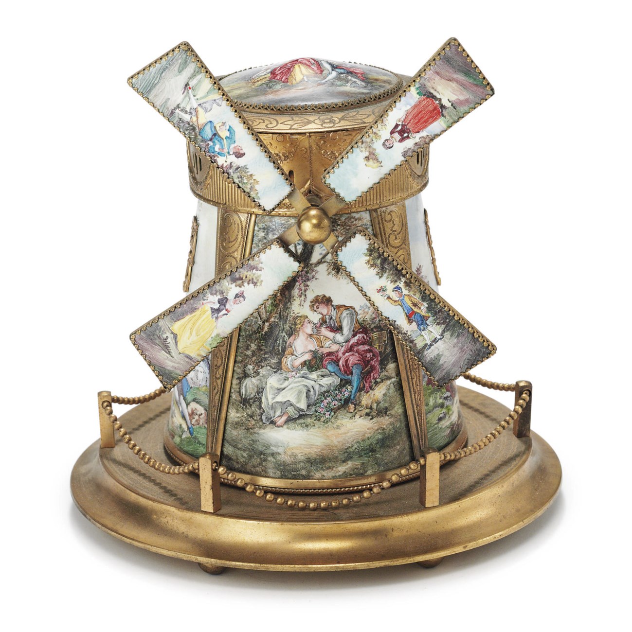 A CONTINENTAL GILT-METAL AND ENAMEL WINDMILL-FORM MUSIC BOX , LATE 19TH ...