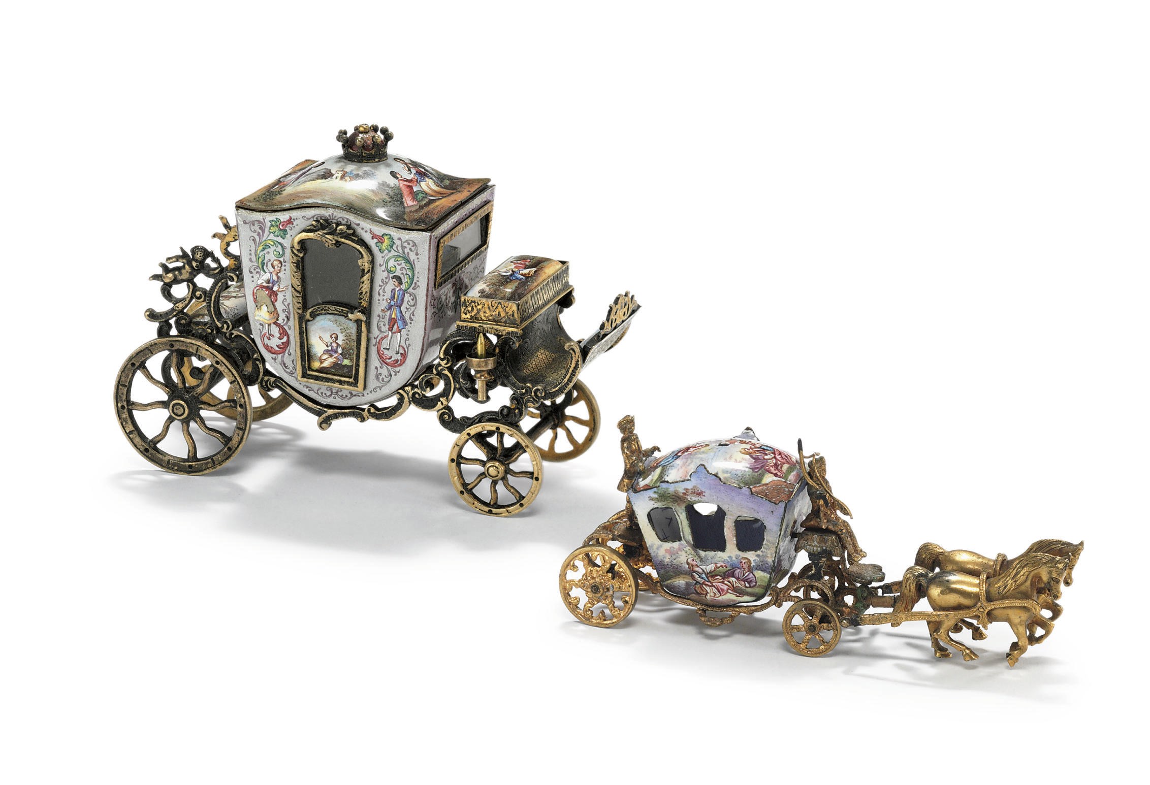TWO VIENNESE SILVER AND ENAMEL MINIATURE CARRIAGES