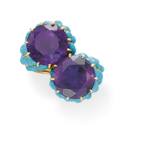 AN AMETHYST AND TURQUOISE RING, BY CARTIER