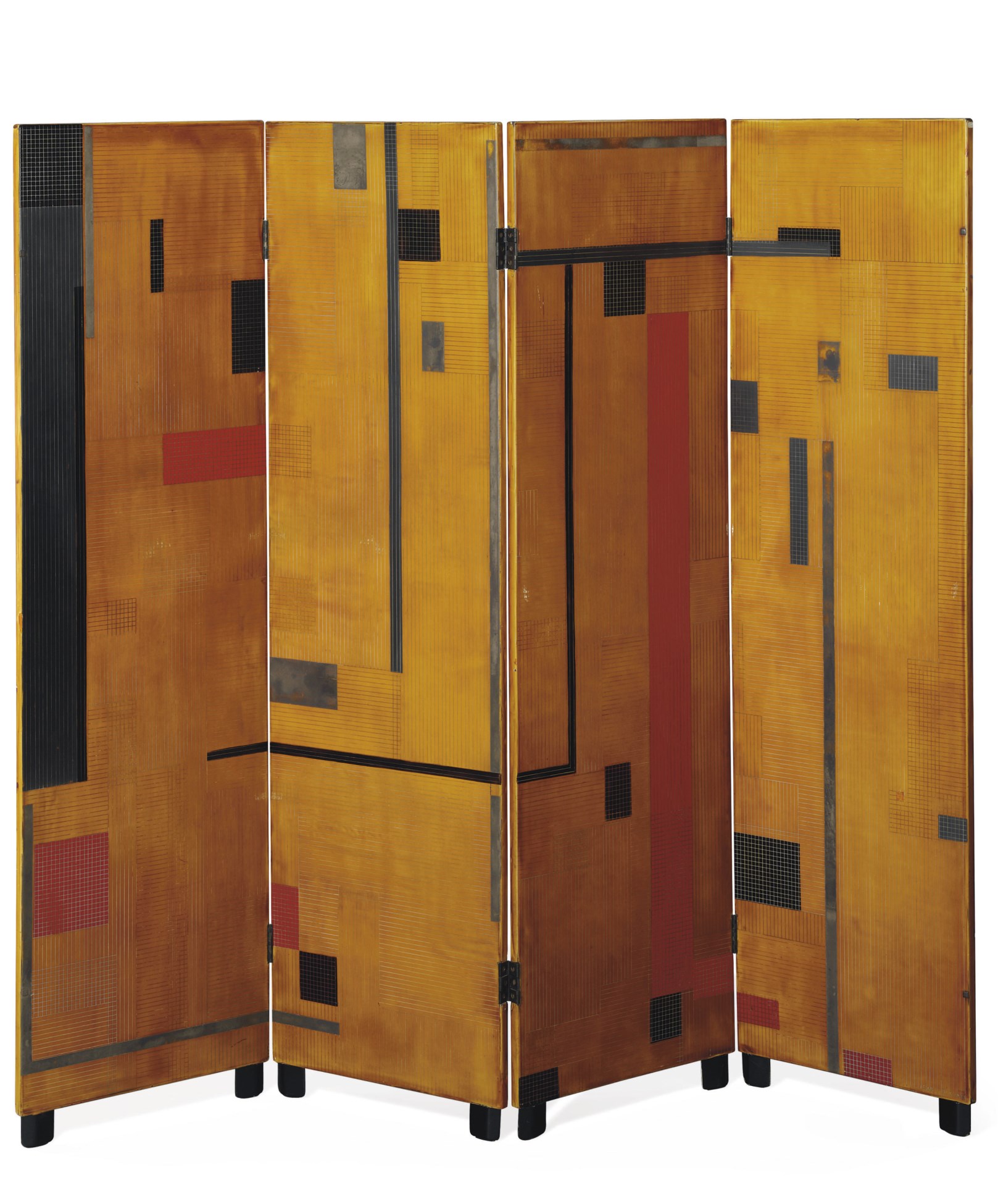 JEAN DUNAND (1877-1942) , A FOUR-PANEL SILVERED AND COLORED LACQUERED ...