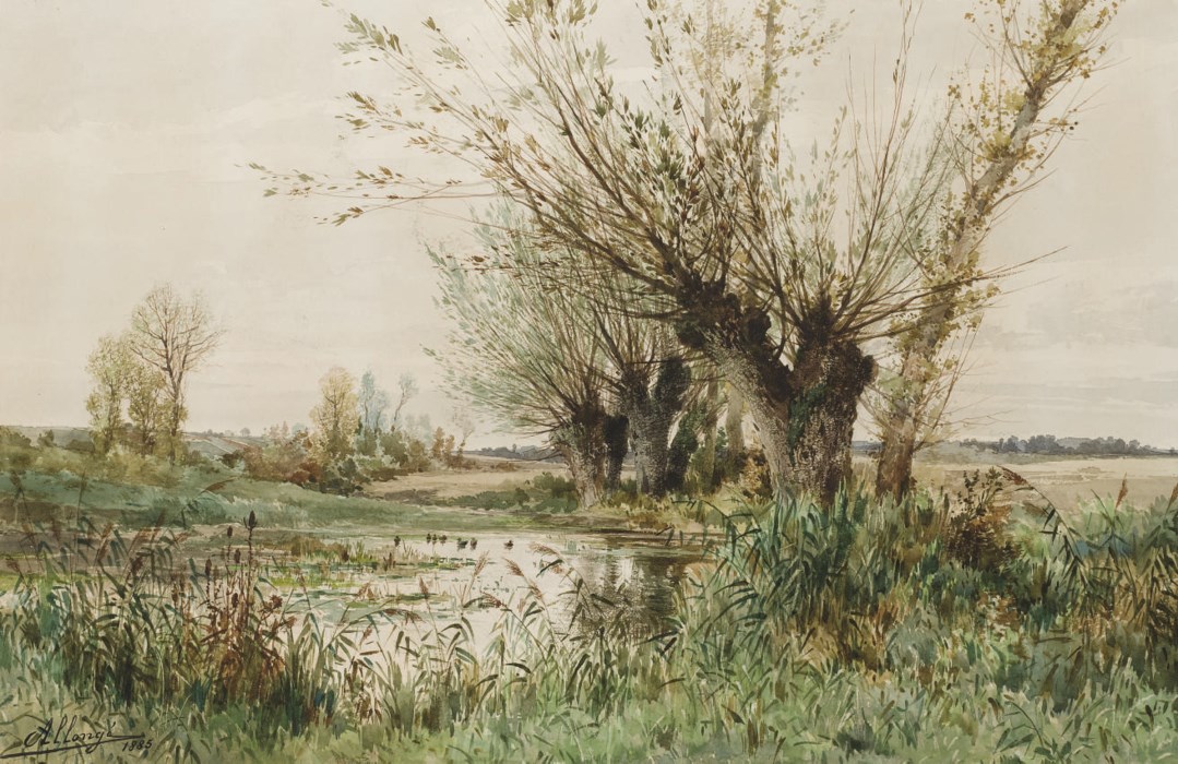 AUGUSTE ALLONGE (PARIS 1833-1898 MARLOTTE) , Une mare bordée d'arbres ...