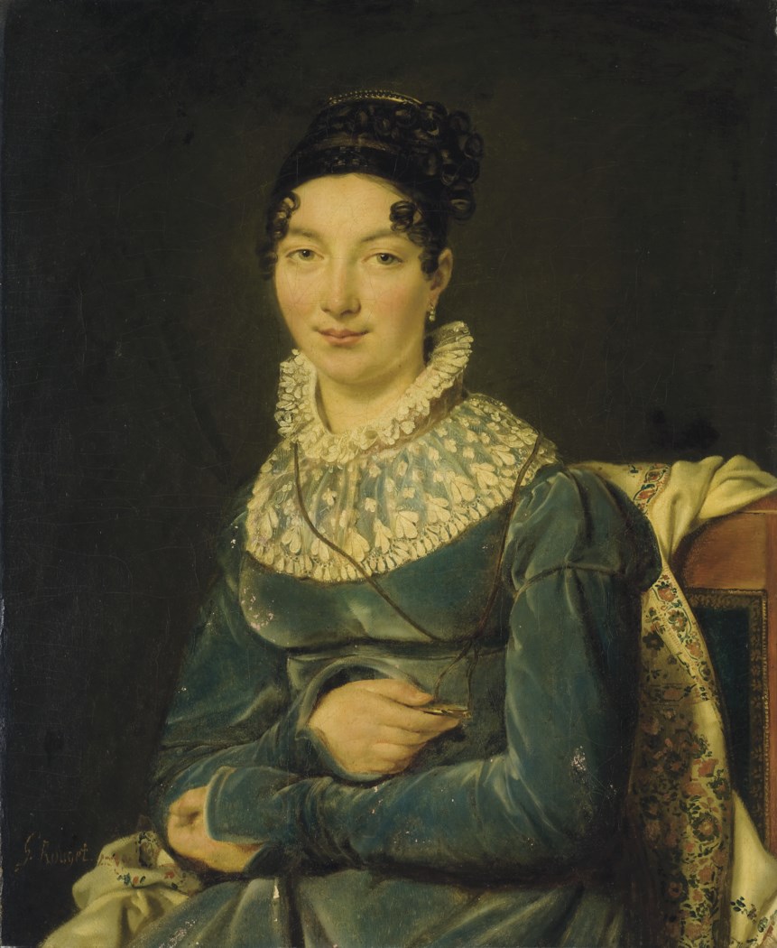 GEORGES ROUGET (PARIS 1784-1869) , Portrait d'une dame en robe bleue ...