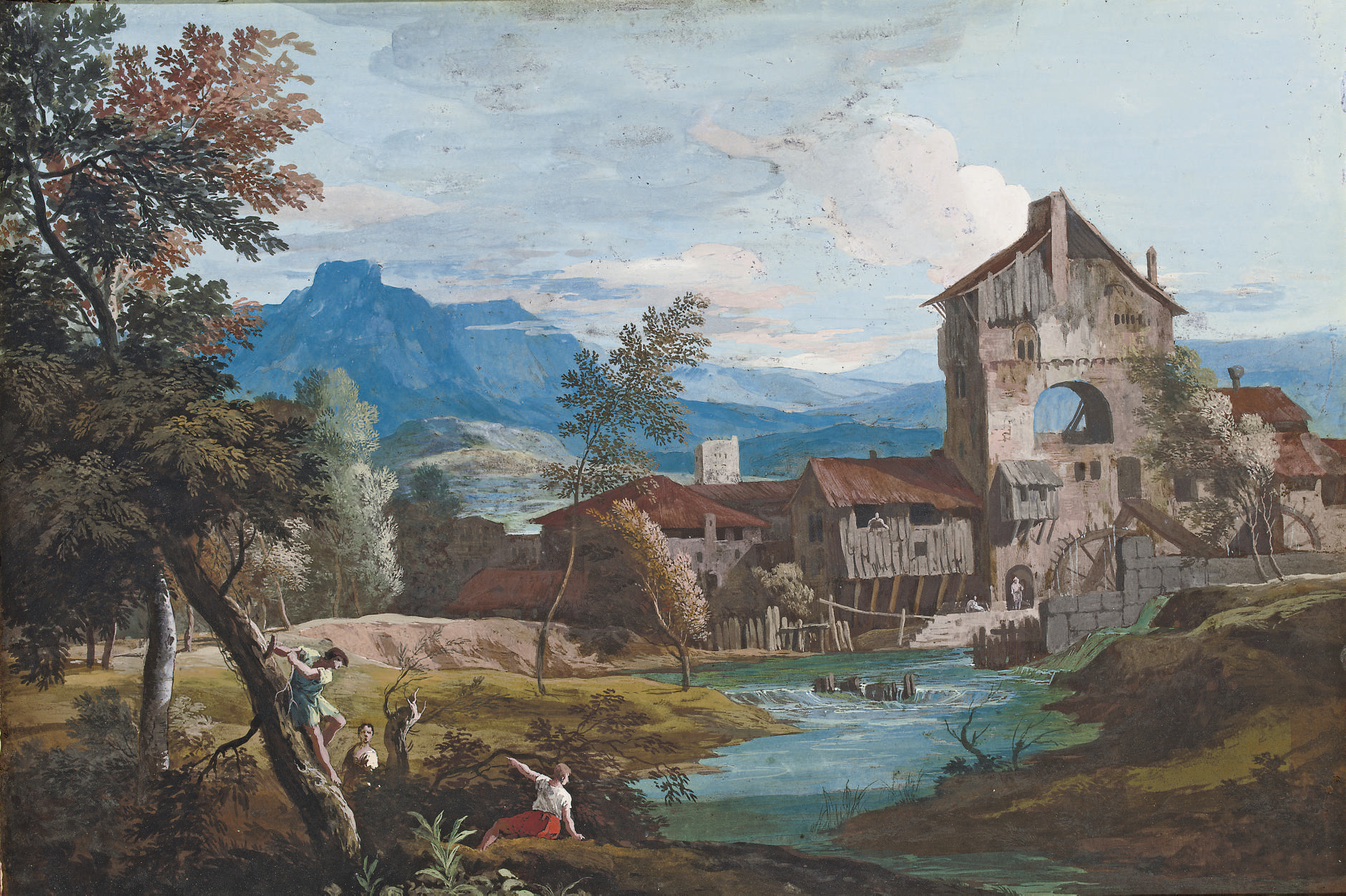 Marco Ricci (Belluno 1676-1730 Venice) , A watermill in an extensive ...