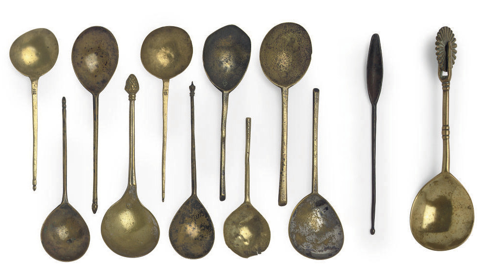 A COLLECTION OF TWELVE LATTEN DIAMOND POINT AND OTHER ASSORTED SPOONS ...