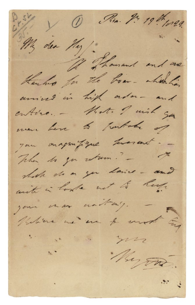 BYRON, George Gordon, 6th Baron (1788-1824). Autograph letter signed ...