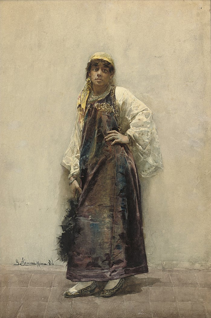 Gustavo Simoni (Italian, 1845-1926) , An Oriental beauty in a yellow ...