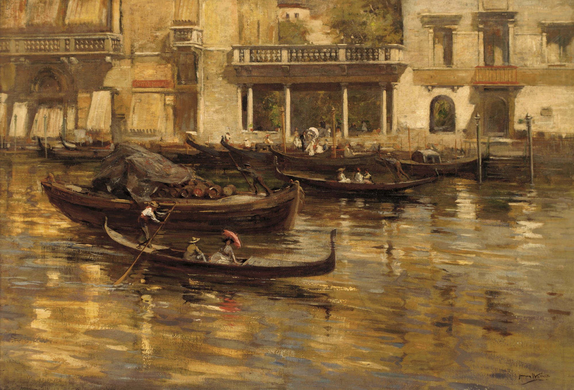 James Wallace (1872-1911) , Gondoliers and elegant figures in front of ...