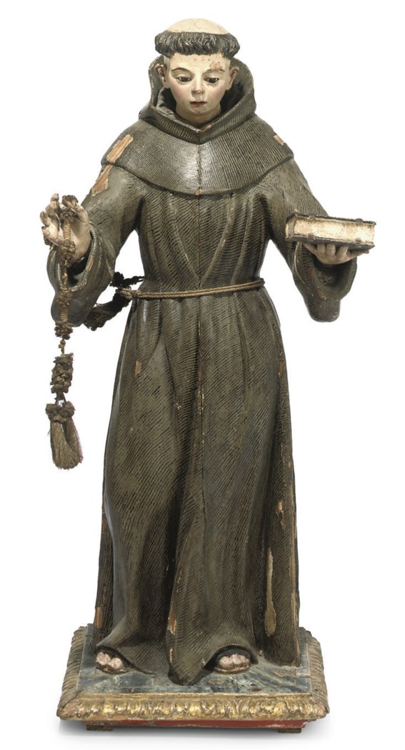 A SPANISH POLYCHROMED WOOD FIGURE OF A MONK SAINT , LATE 17TH CENTURY ...