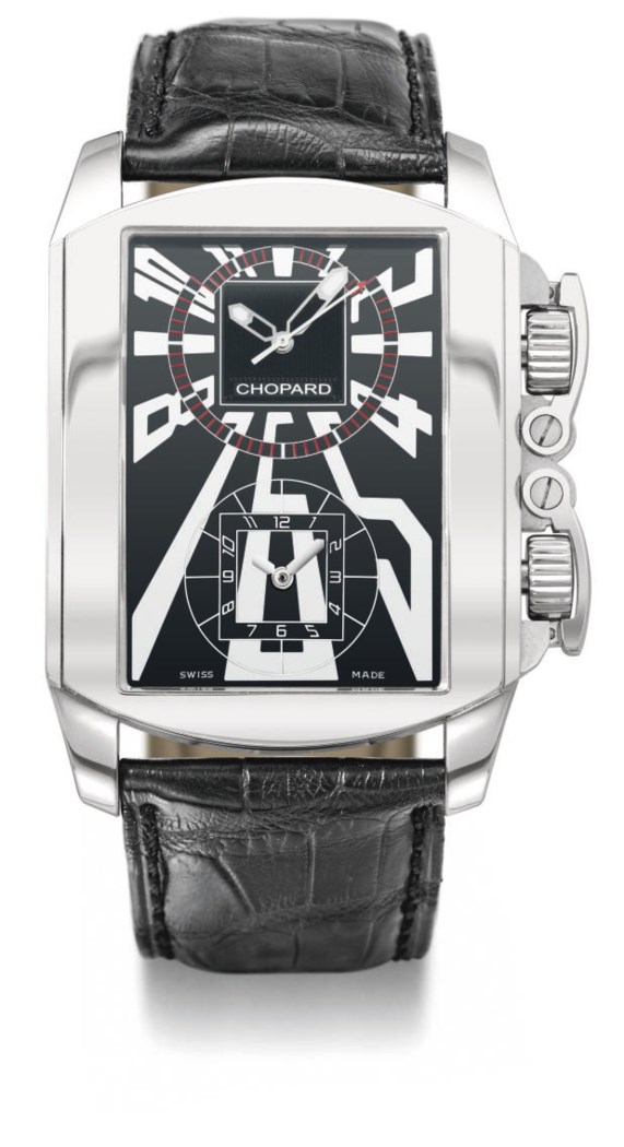 Chopard. A large stainless steel rectangular dual time wristwatch with ...