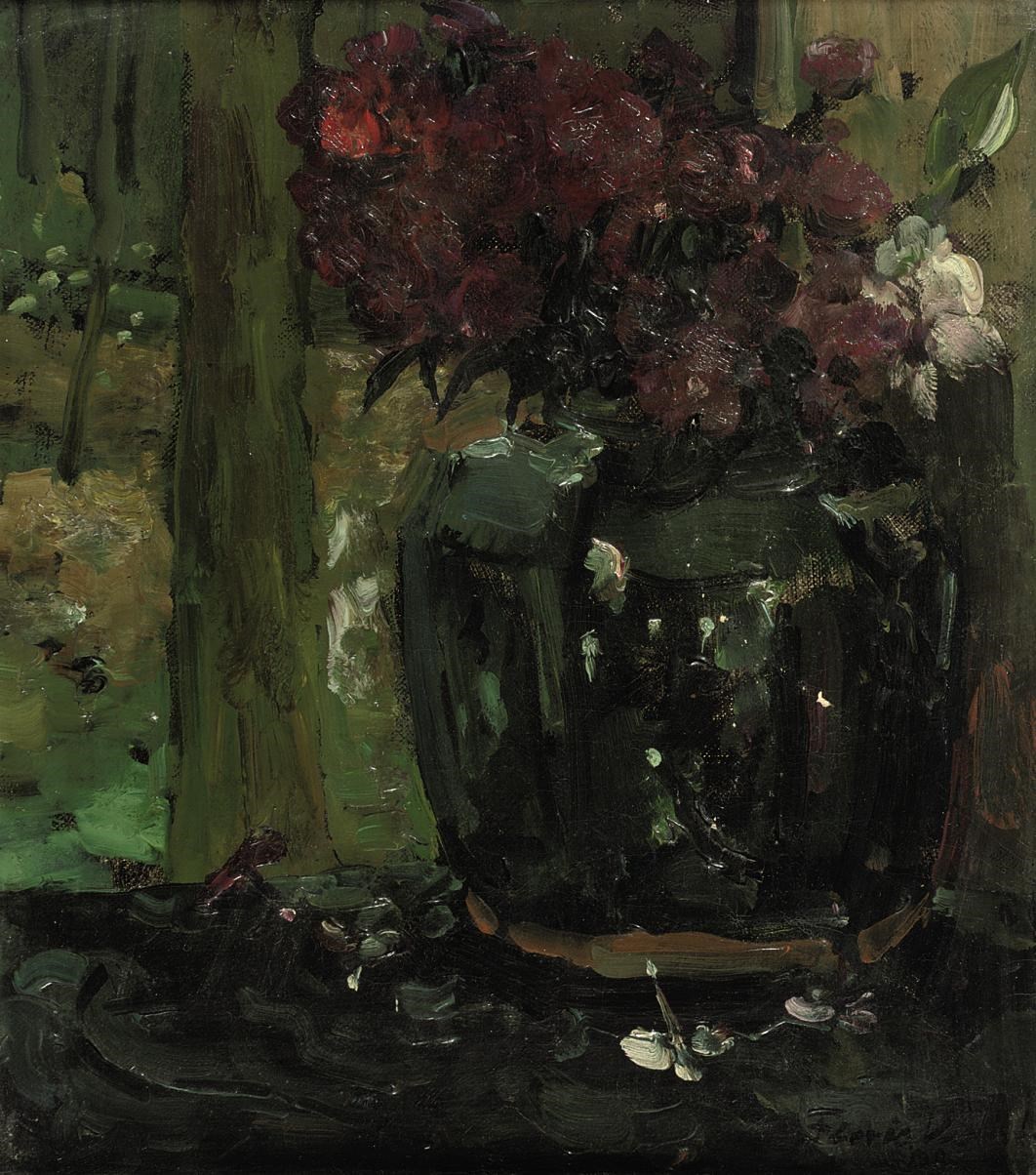 Floris Verster (1861-1927) , Gemberpot met klimroosjes en floxen ...