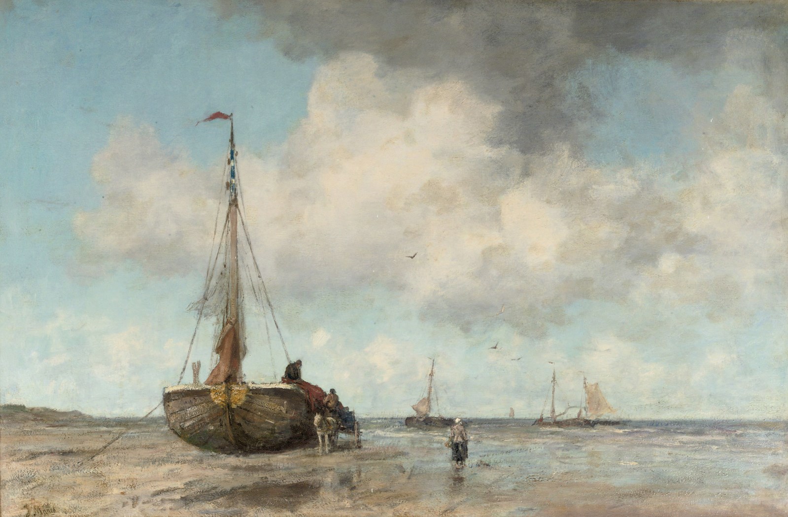 Jacob Maris (1837-1899) , Zomersche dag: a summer's day at the beach of ...