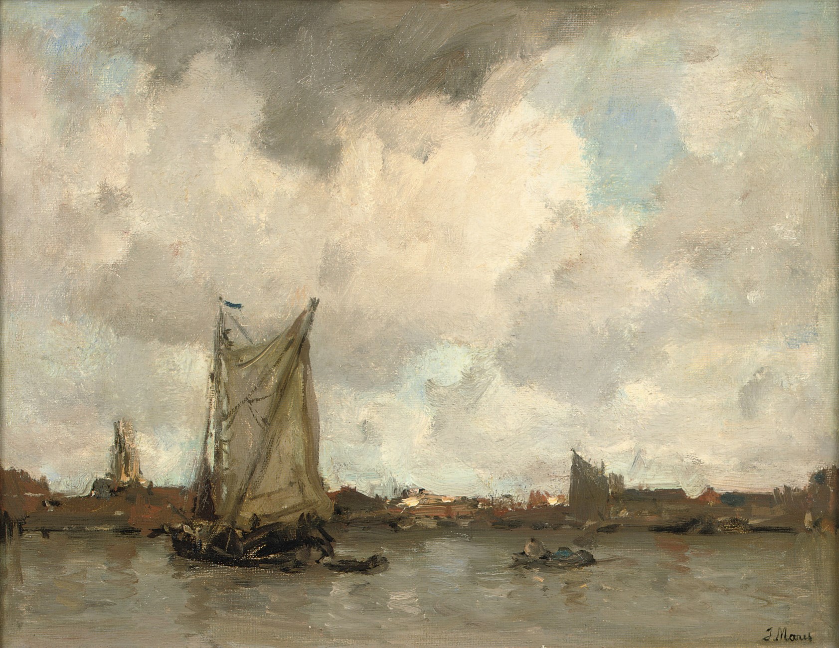 Jacob Maris (1837-1899) , Havengezicht: a river landscape, a town ...