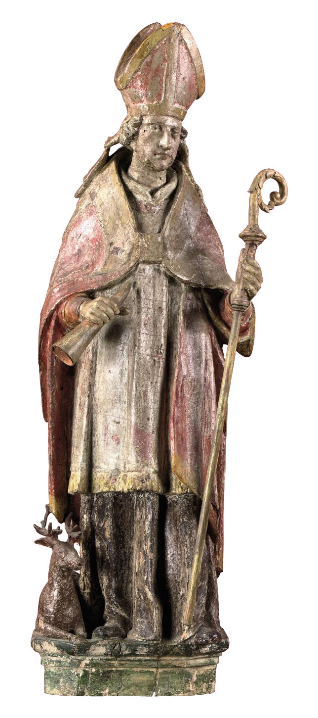 A POLYCHROME CARVED LIMEWOOD FIGURE OF ST HUBERTUS
