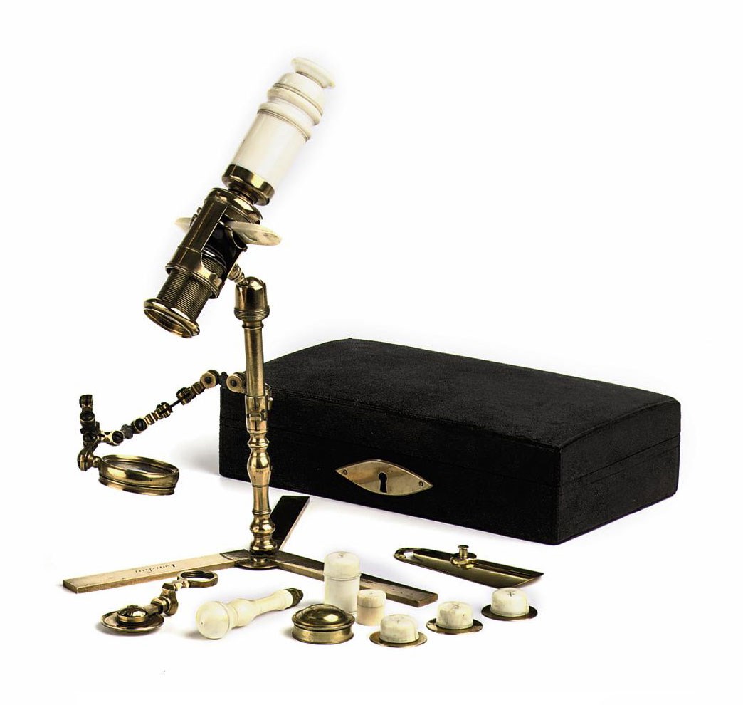 A BRASS AND IVORY SCREW-BARREL MICROSCOPE , EDMUND CULPEPER(1660-1738 ...