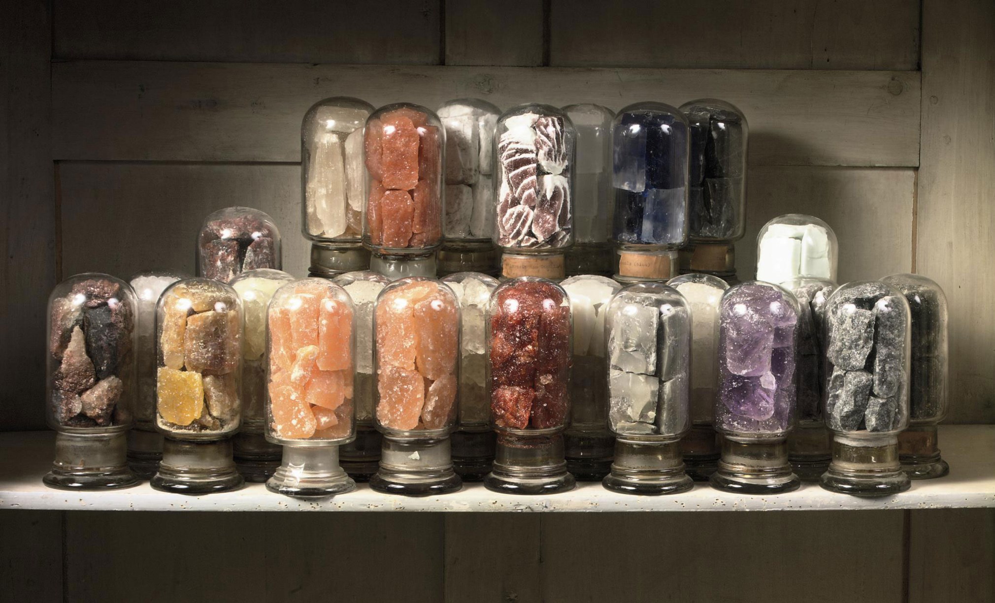 A SCIENTIFIC COLLECTION OF TWENTY-FIVE GLASS CONTAINERS WITH MINERALS ...
