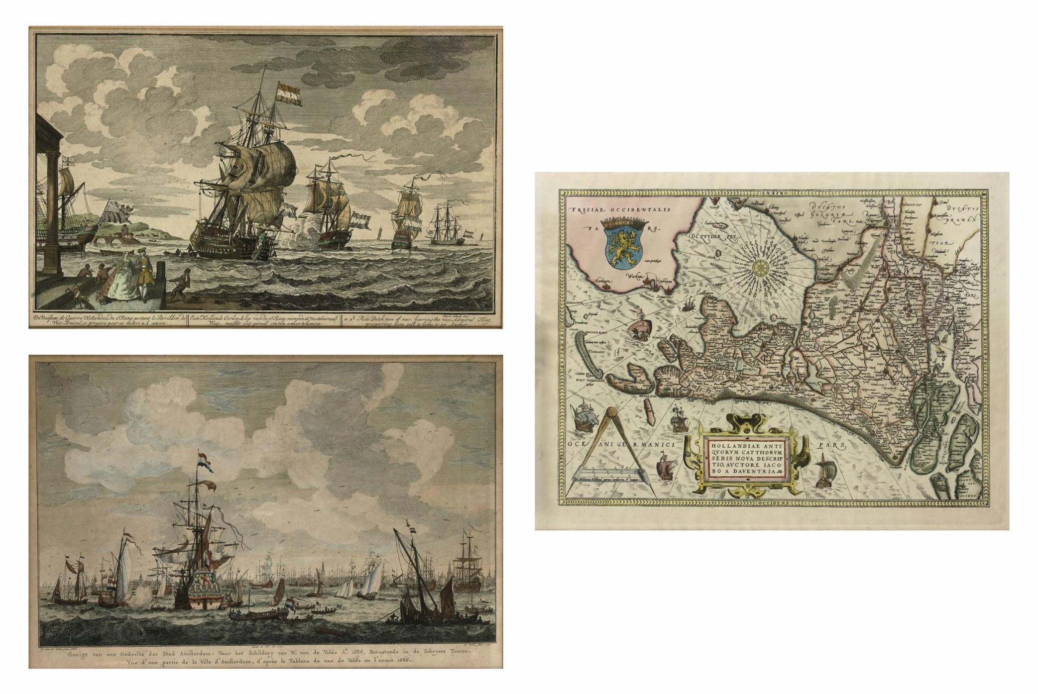 TWO VARIOUS DUTCH HANDCOLOURED ENGRAVED MARITIME COPPER ENGRAVINGS ...