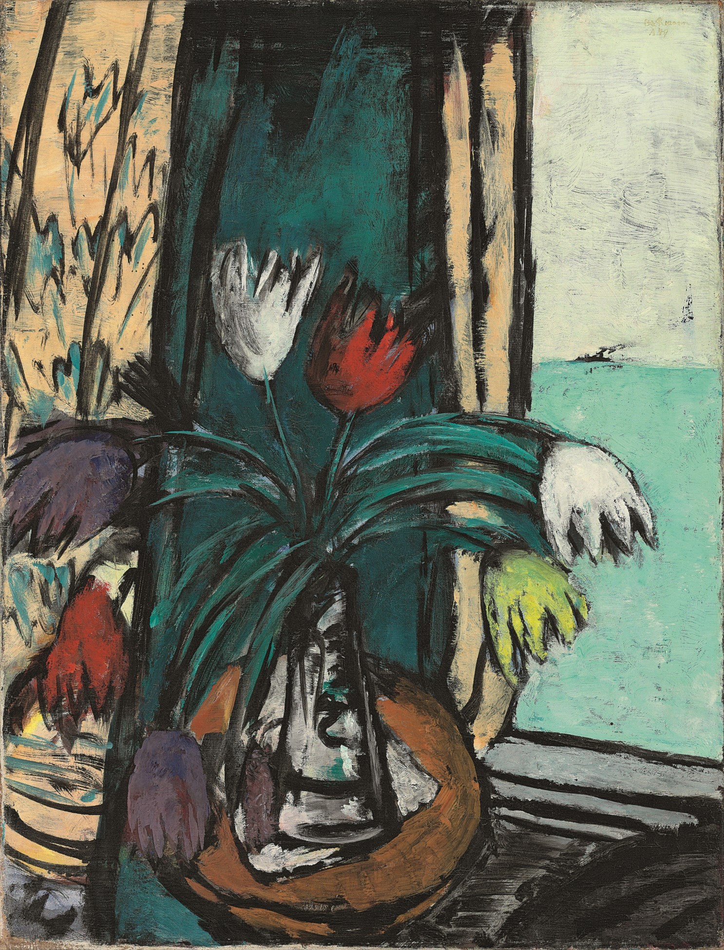Max Beckmann (1884-1950) , Stilleben mit Tulpen und Ausblick aufs Meer ...