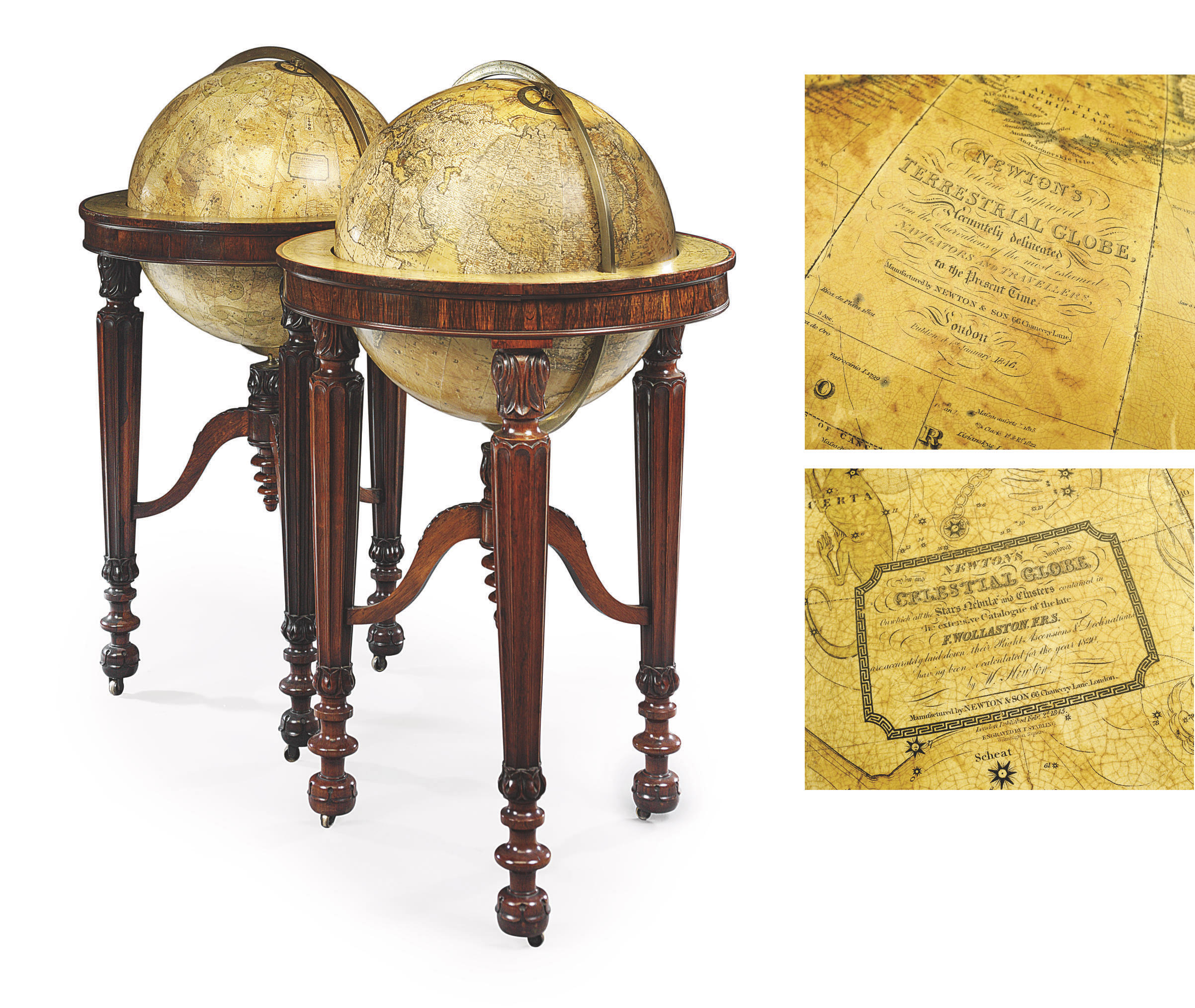 A NEAR PAIR OF EARLY VICTORIAN ROSEWOOD 18-INCH GLOBES