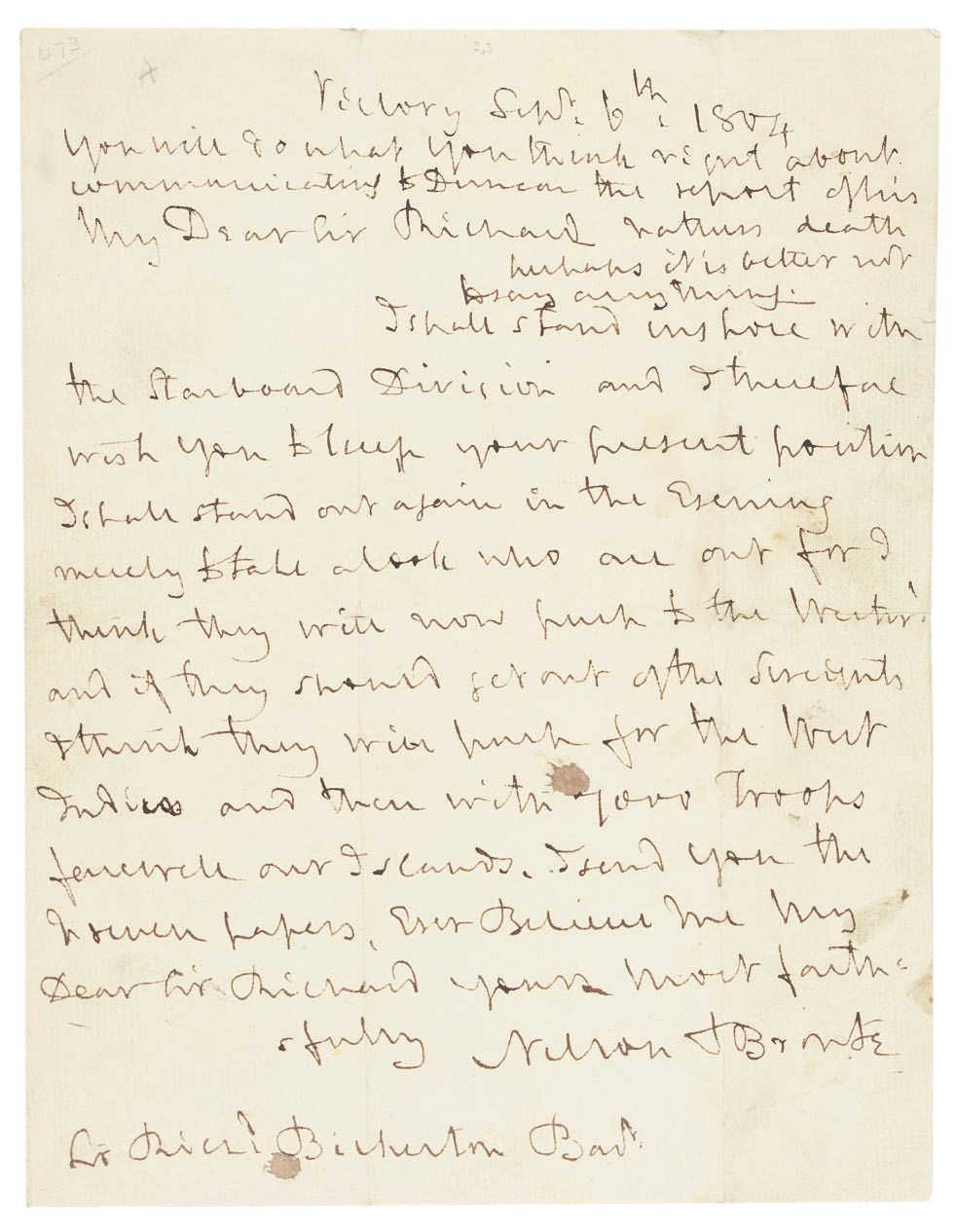 NELSON, Horatio, Viscount Nelson (1758-1805). Autograph letter signed ...