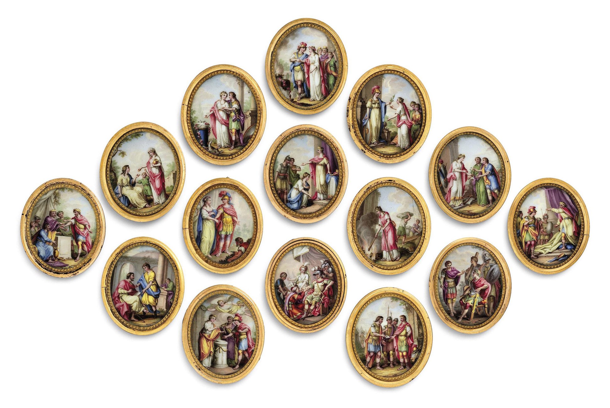 A GROUP OF FIFTEEN ENAMEL PLAQUES WITH CLASSICAL SCENES , GENEVA OR ...